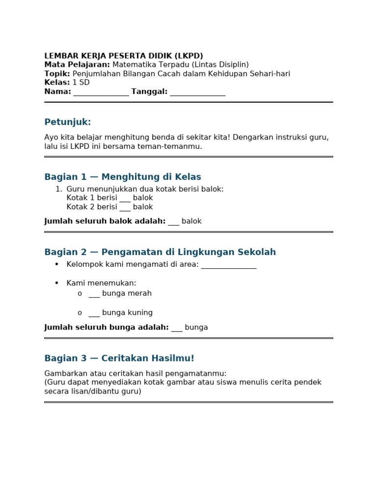 LKPD Penjumlahan Kelas1 | PDF