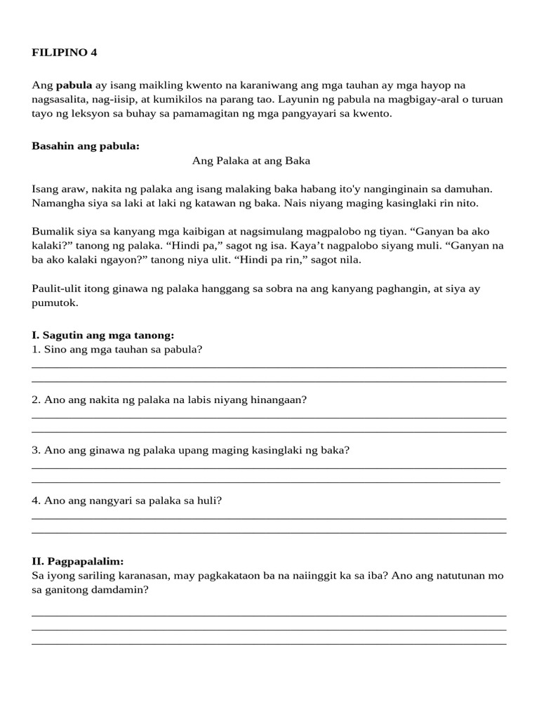 Pabula Ang Palaka at Ang Baka Grade4 Worksheet | PDF