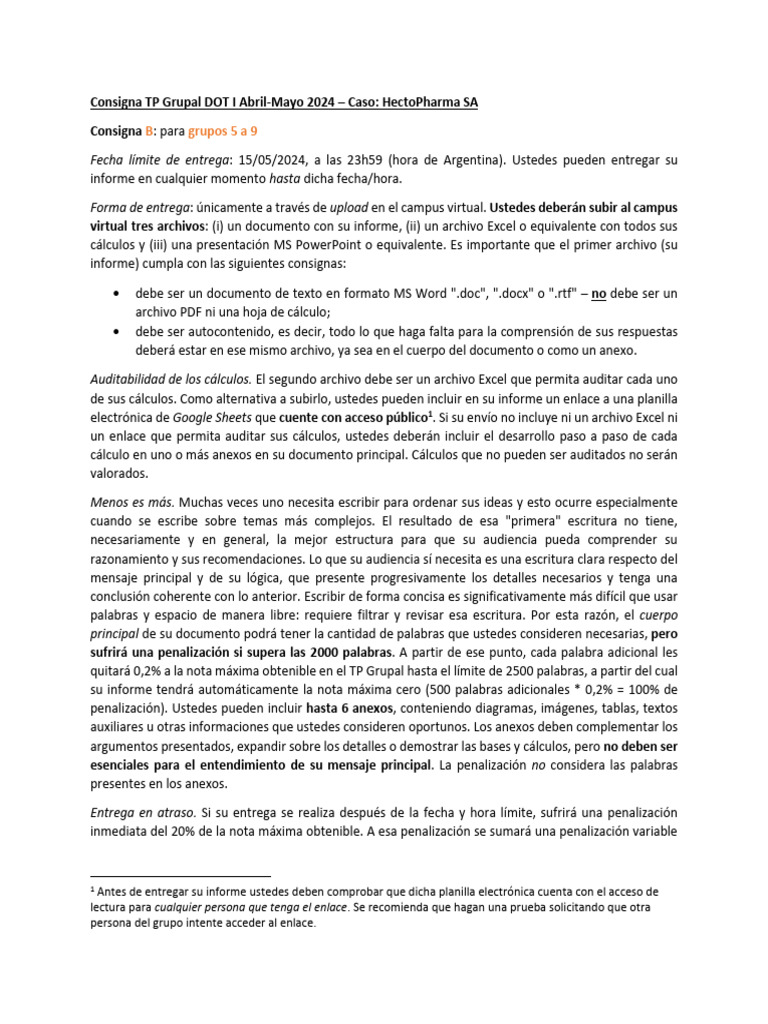 Consigna (B) TP Grupal - DOT I 2024 para Grupos 5 A 9 | PDF | Microsoft Excel