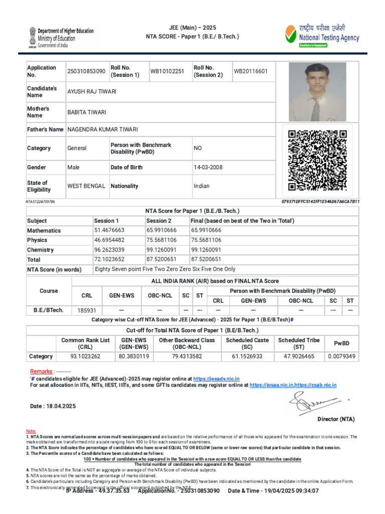 Ayush Tiwari's JEE 2025 Scorecard | PDF | Student Assessment And ...
