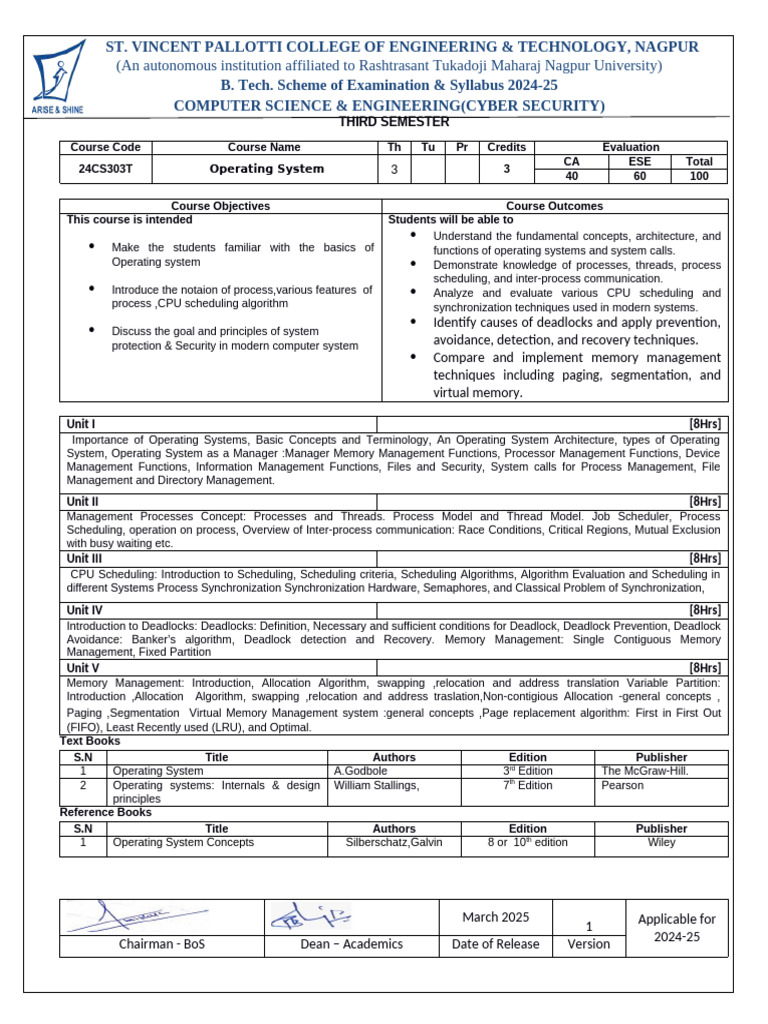 24CS303T & 3P - OS (TH + PR) Syllabus Cyber Security | PDF | Process ...