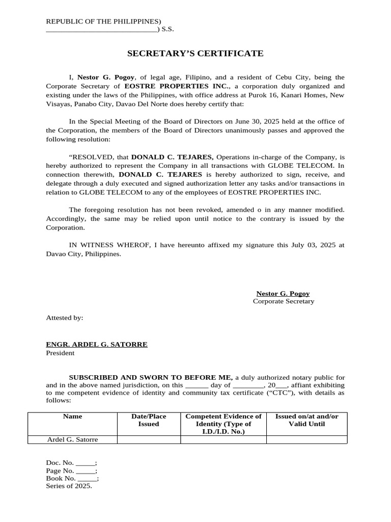 Secretary's Certificate - Globe Plan | PDF