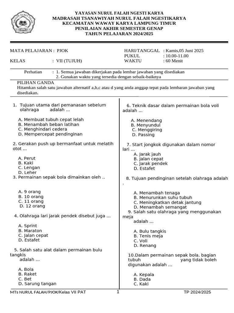 14.soal Pat Pjok Vii | PDF