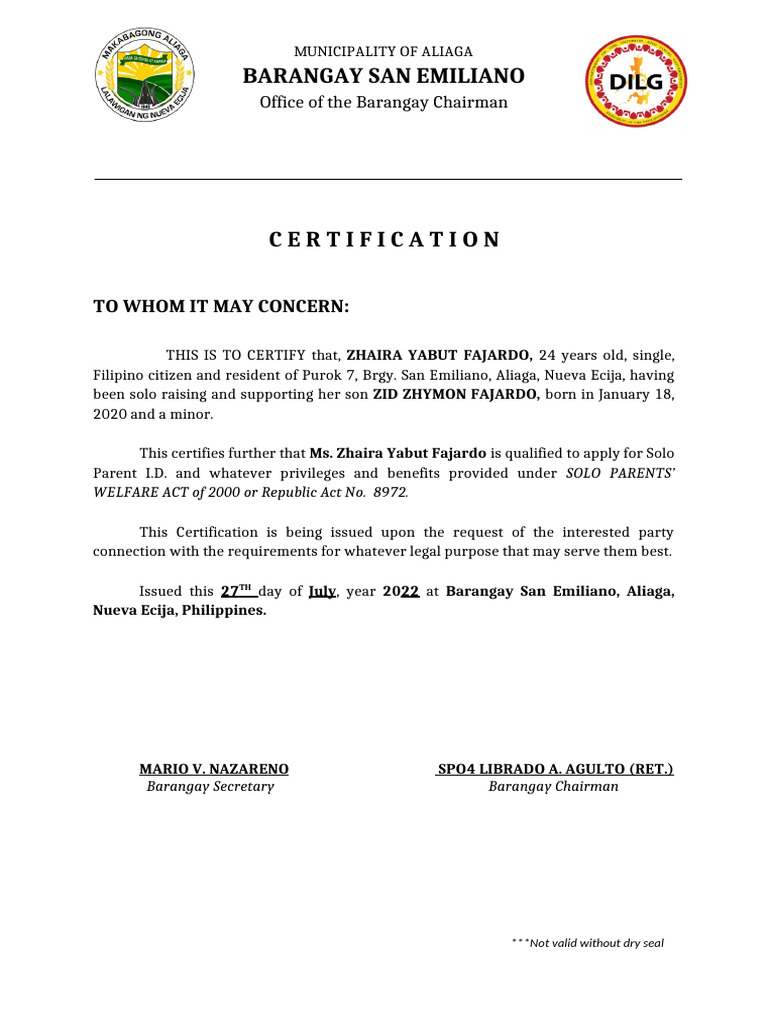 Solo Parent (Barangay Certification) | PDF
