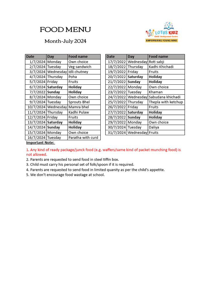 July Food Menu | PDF