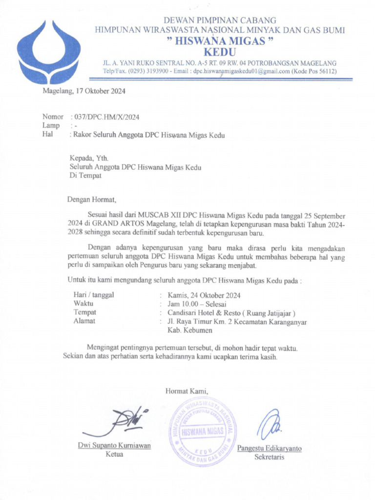 Undangan Rakor Anggota DPC Hiswana Migas Kedu | PDF