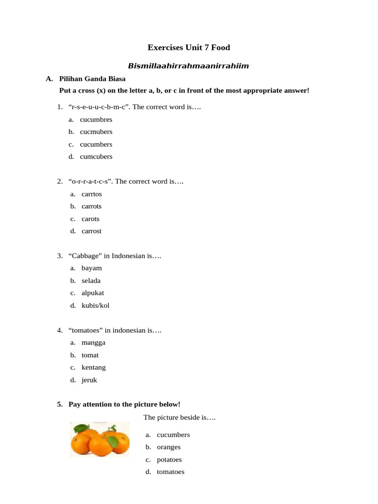 Exercises Unit 7 Food | PDF | Vegetables | Chess Openings