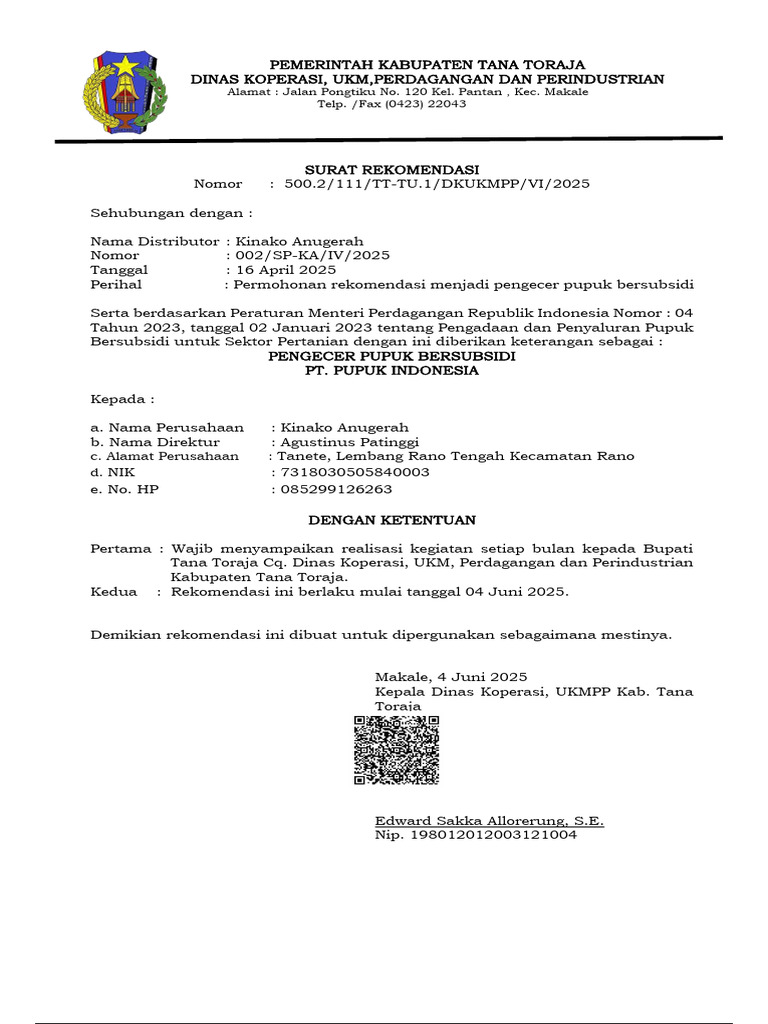 Surat Rekomendasi Kinako Rano | PDF