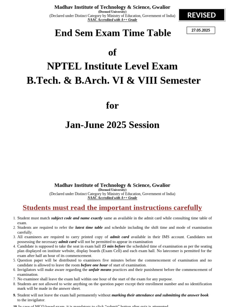 Revised Time Table Jan - June. 2025 NPTEL 27.05.2025 | PDF | Internet ...