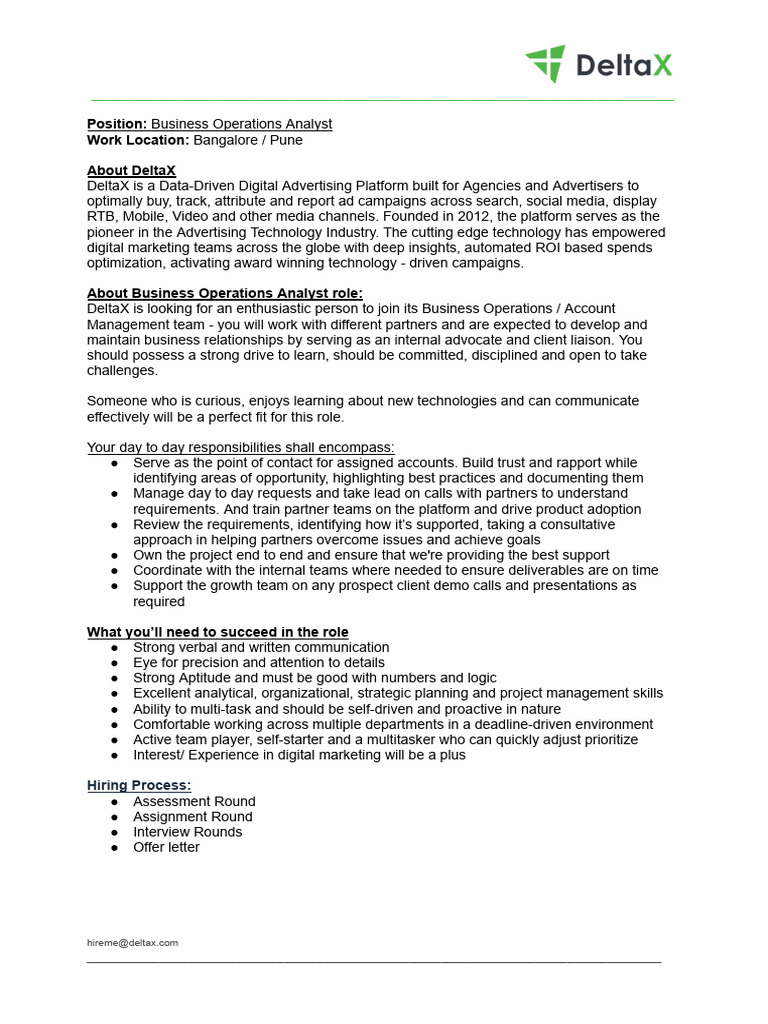DeltaX - Business Operations Analyst - Job Description | PDF | Digital Marketing | Advertising