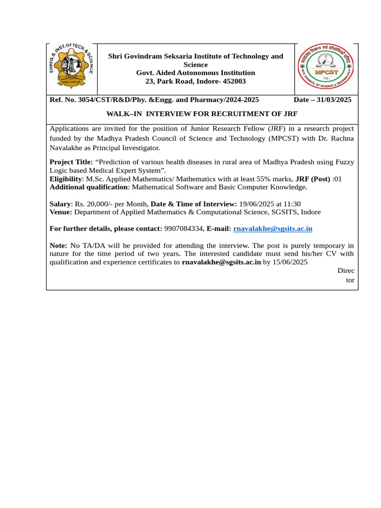 Modified Advertisement For JRF | PDF