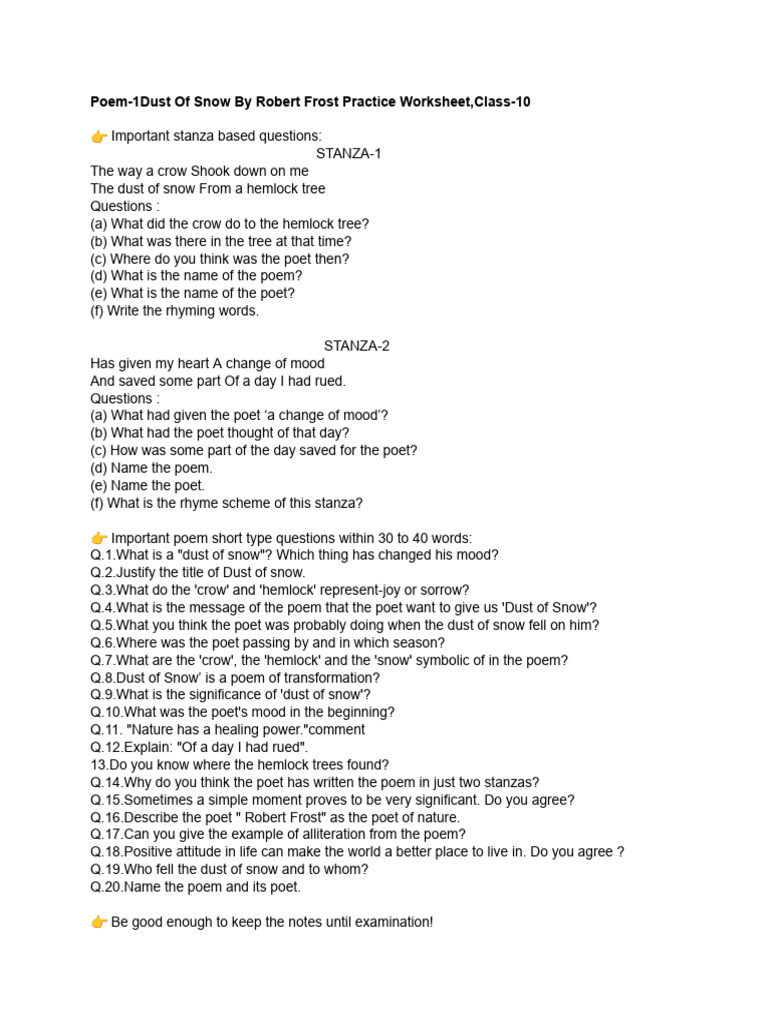 Dust of Snow Poem Worksheet for Class 10 | PDF