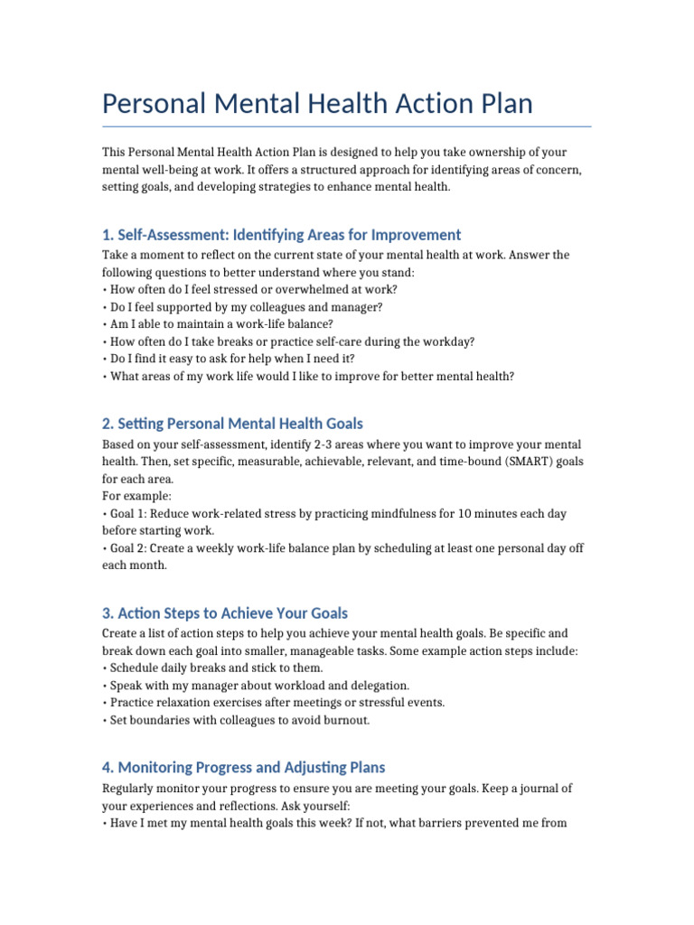 Personal Mental Health Action Plan | PDF | Mental Health | Mindfulness