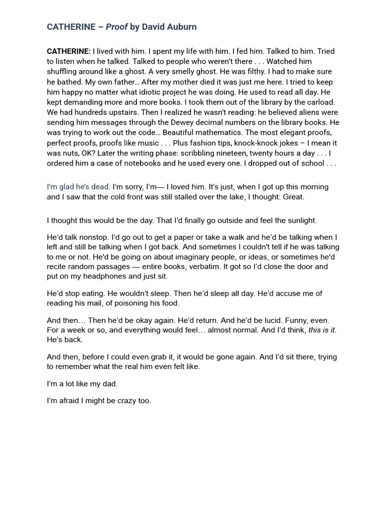 CATHERINE MONOLOGUE - Proof by David Auburn | PDF