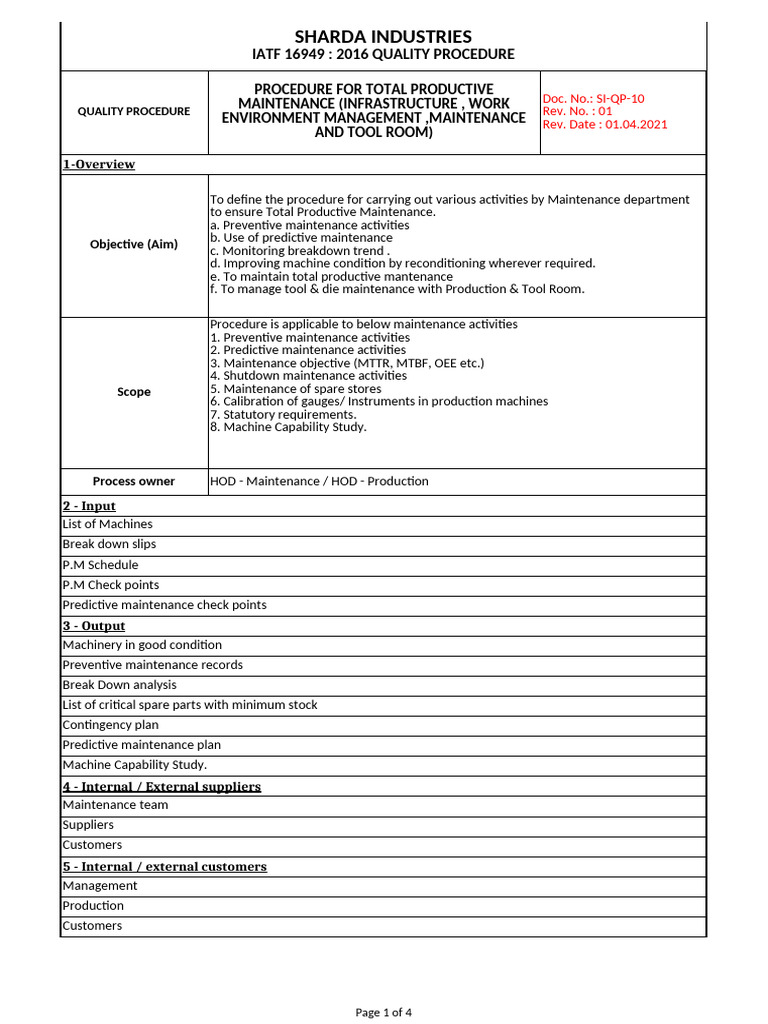 Procedure For TPM .Maintenance | PDF | Systems Engineering | Systems Thinking
