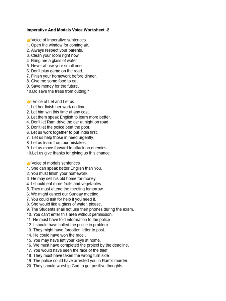 Imperative and Modals Voice Worksheet -2 | PDF