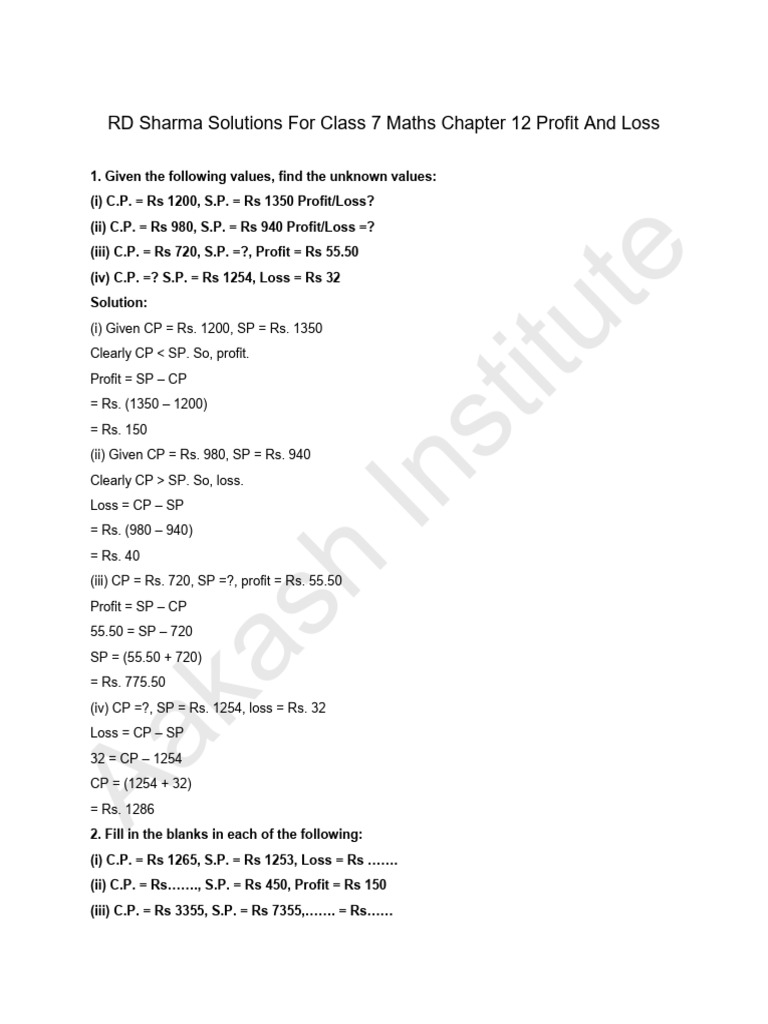 RD Sharma Solutions For Class 7 Maths Chapter 12 Profit and Loss | PDF | Chess Theory | Chess