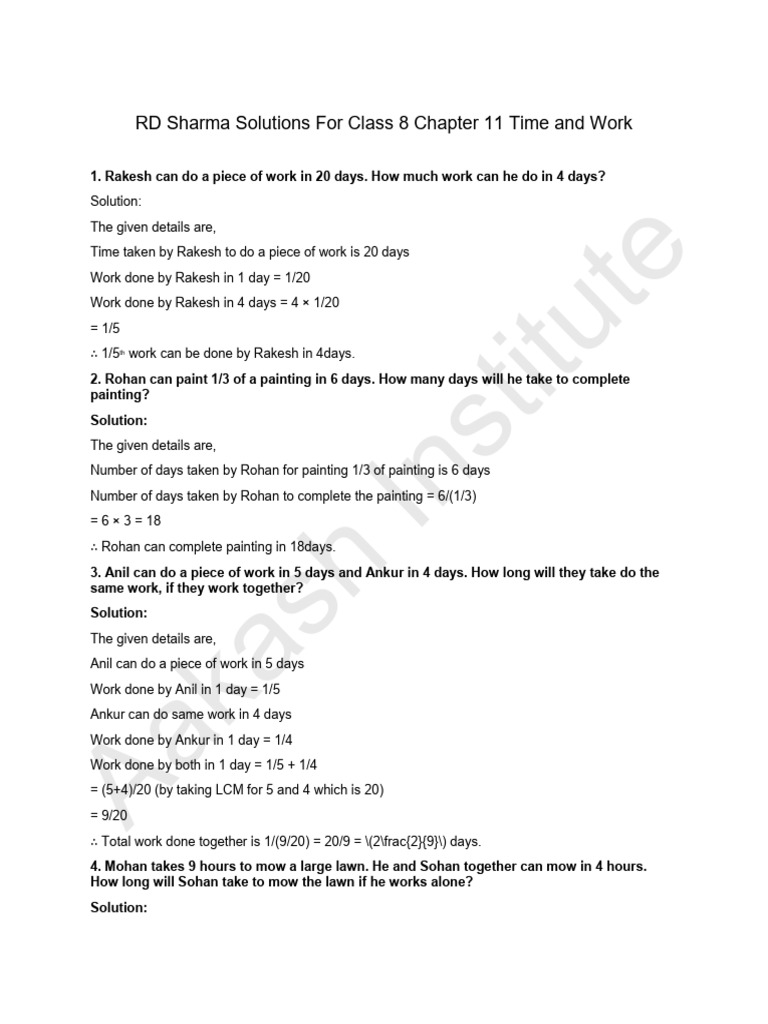 RD Sharma Solutions For Class 8 Chapter 11 Time and Work | PDF | Chess Theory | Chess
