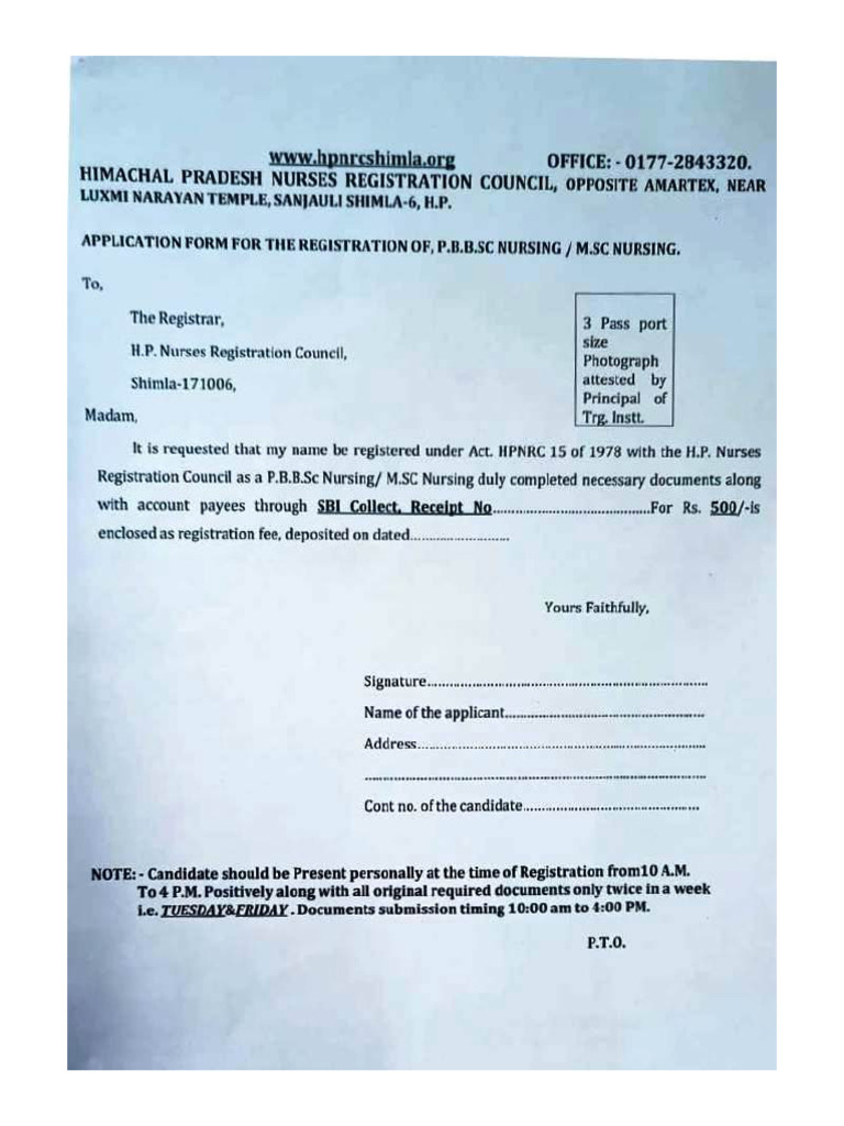 Application Form For The Registration of P.B.B.SC Nursing M.SC Nursing ...