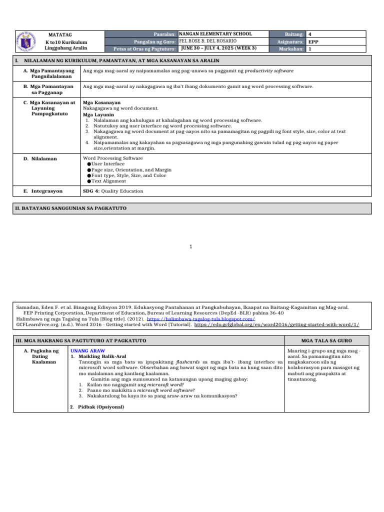 DLL Matatag - Epp 4 q1 w3 | PDF
