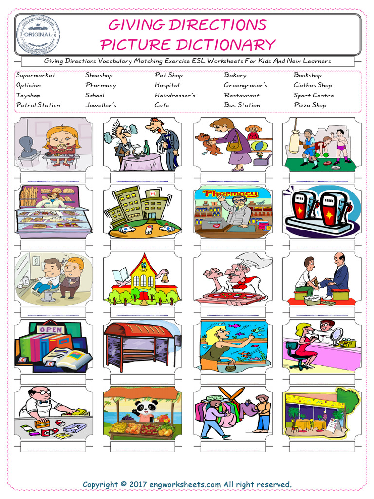 Giving Directions Vocabulary Matching Exercise ESL Worksheets For Kids ...