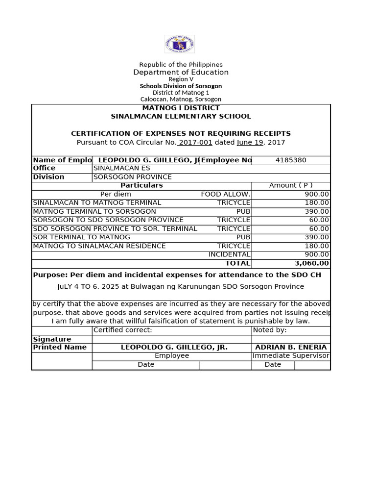 SINALMACAN Certification of Expenses Not Requiring Receipts (CENRR) | PDF