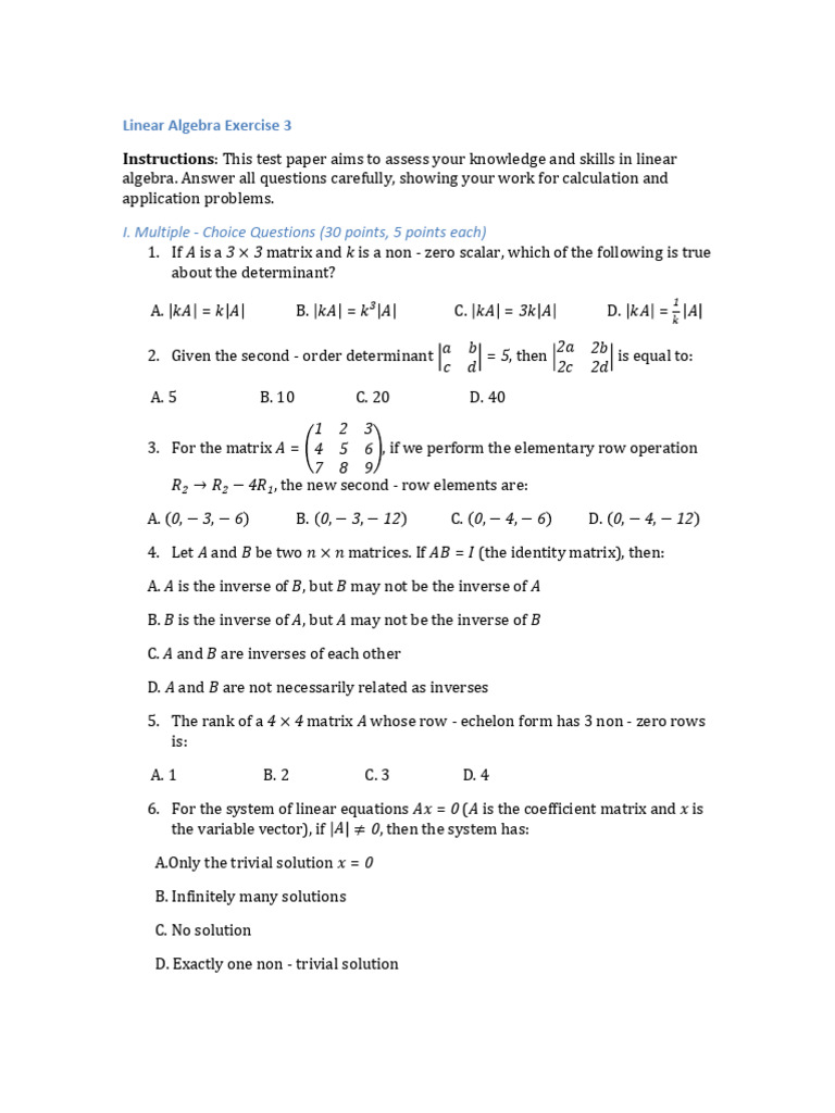 Linear Algebra Exercise 3 | PDF | Matrix (Mathematics) | Determinant