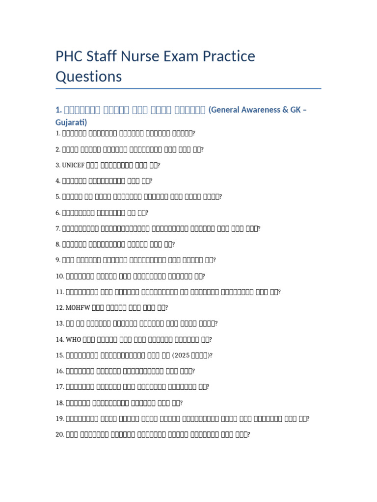 PHC Staff Nurse Exam Questions | PDF