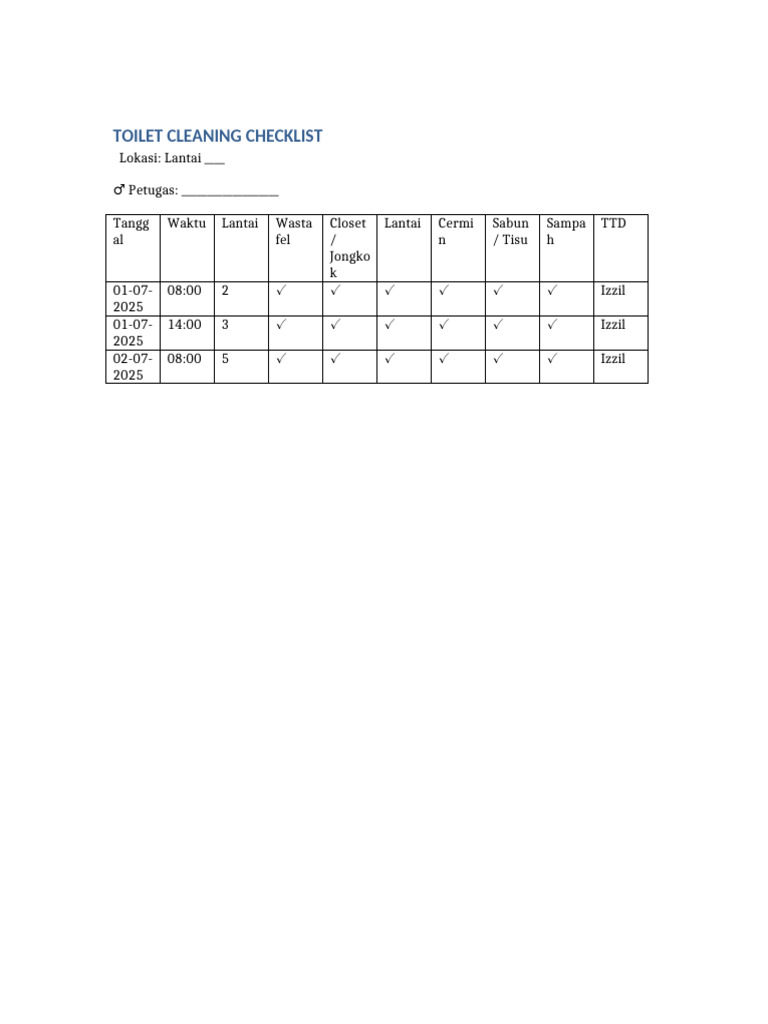 Toilet Cleaning Checklist | PDF