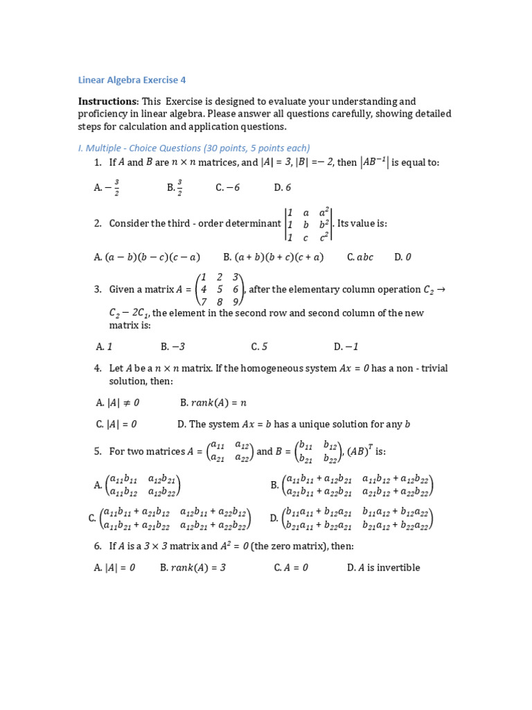 Linear Algebra Exercise 4 | PDF | Matrix (Mathematics) | Determinant