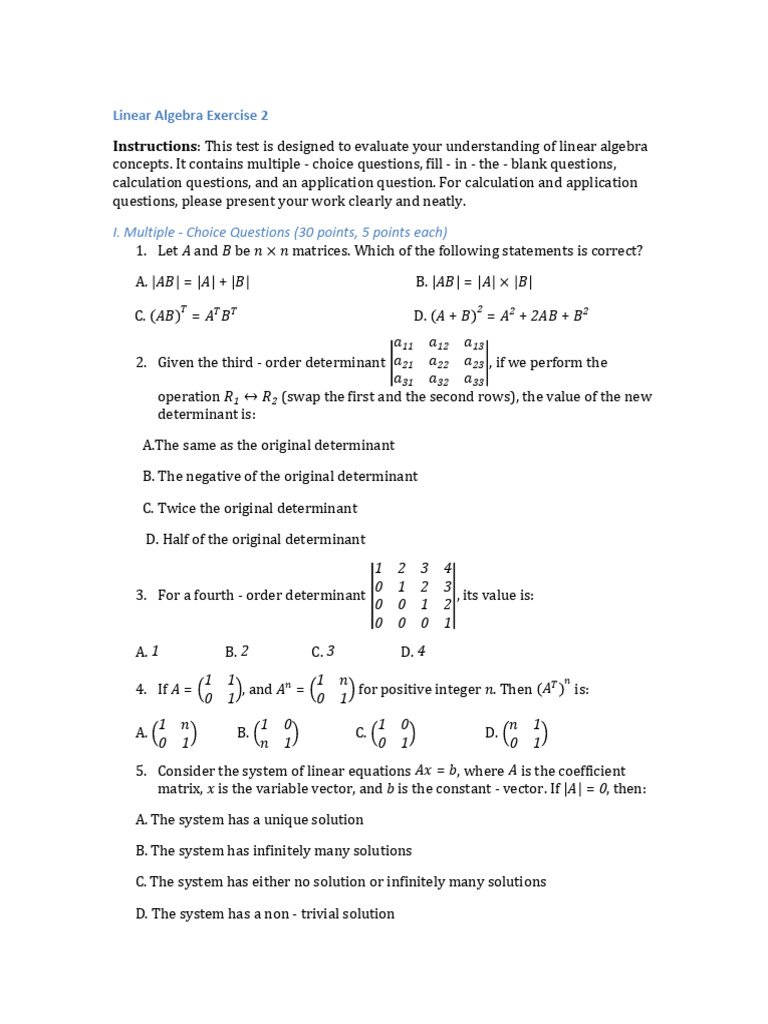 Linear Algebra Exercise 2 | PDF | Determinant | Matrix (Mathematics)