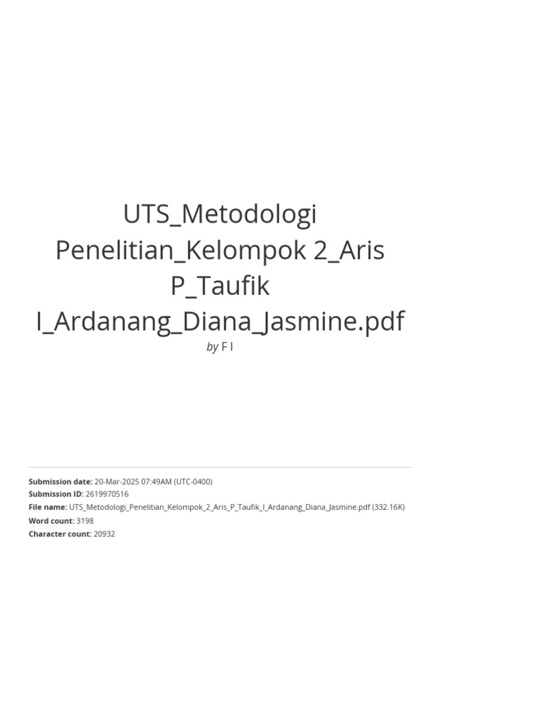 UTS Metodologi Penelitian Kelompok 2 Aris P Taufik I Ardanang Diana Jasmine Hasil Turnitin | PDF