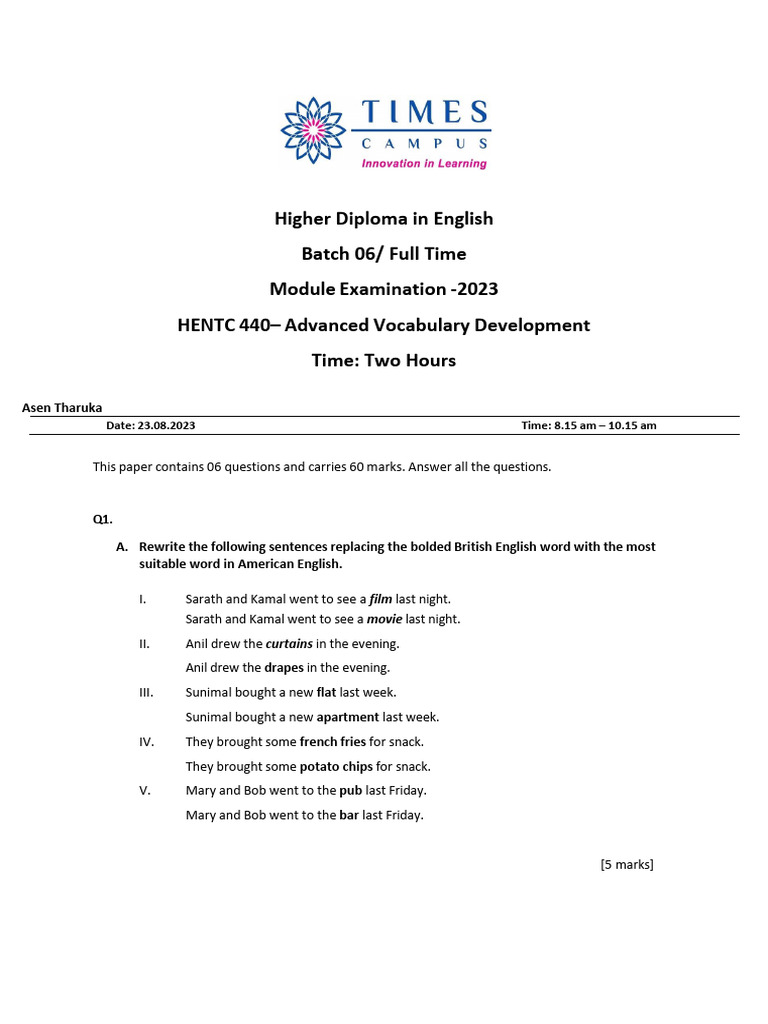 HENTC 440 Module Exam by Asen Tharuka | PDF