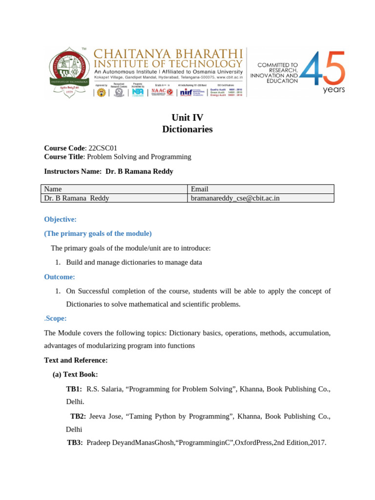PSP Material - Unit IV - Dictionaries | PDF | Computer Programming | Computing