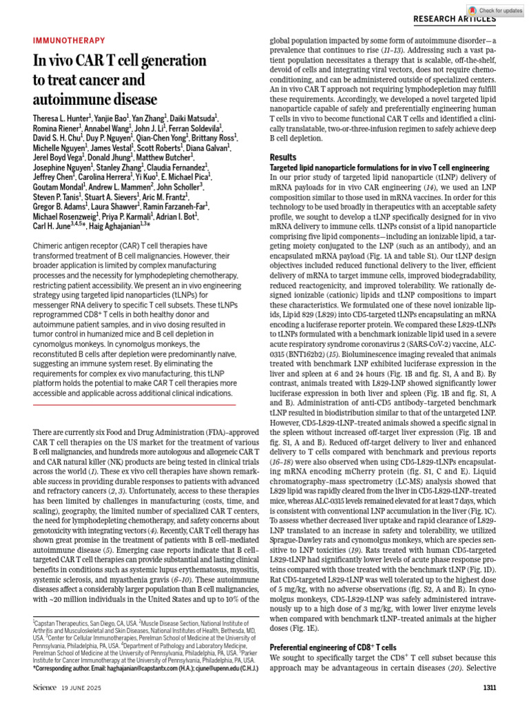 In Vivo CAR T Cell Generation To Tre Source Science SO 2025 | PDF ...