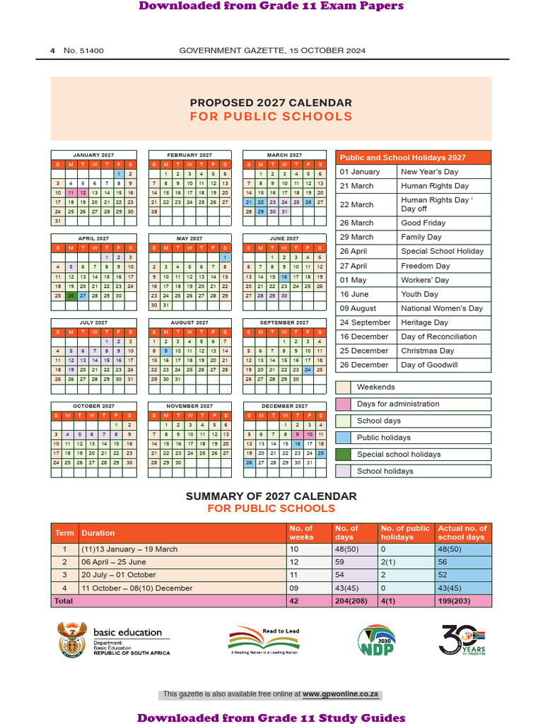2027 South Africa School Calendar | PDF | Seasonal Traditions ...