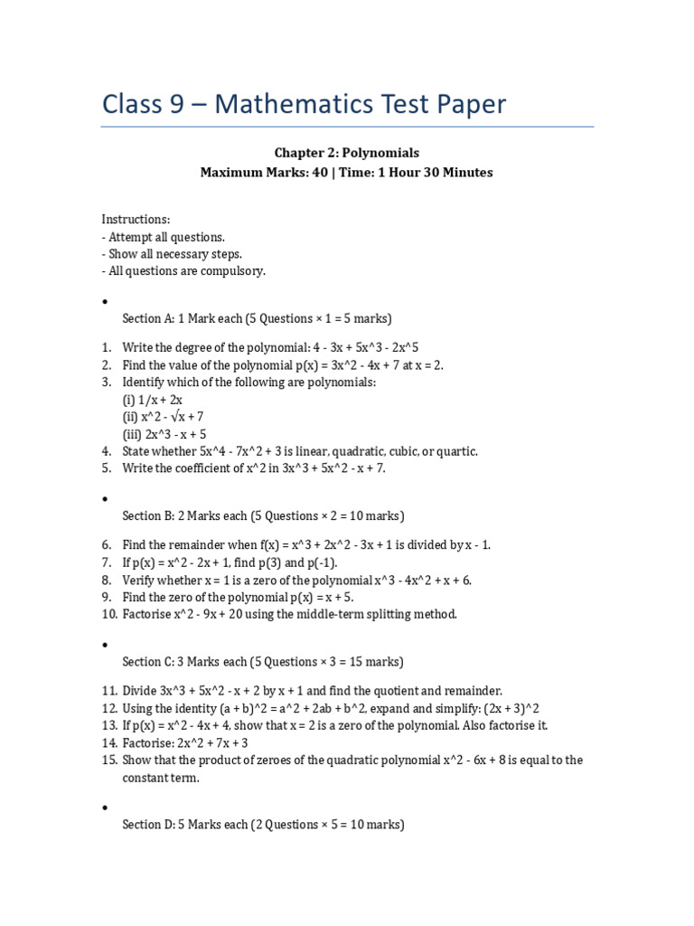 Class9 Polynomials Test Paper | PDF