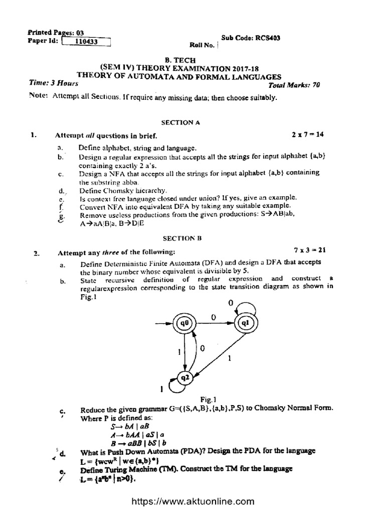 Btech Cs 4 Sem Theory of Automata and Formal Languages Rcs403 2018 | PDF