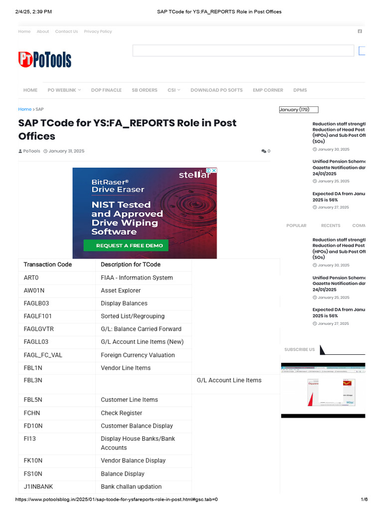 SAP TCode For YS - FA - REPORTS Role in Post Offices | PDF | Cash | Payments