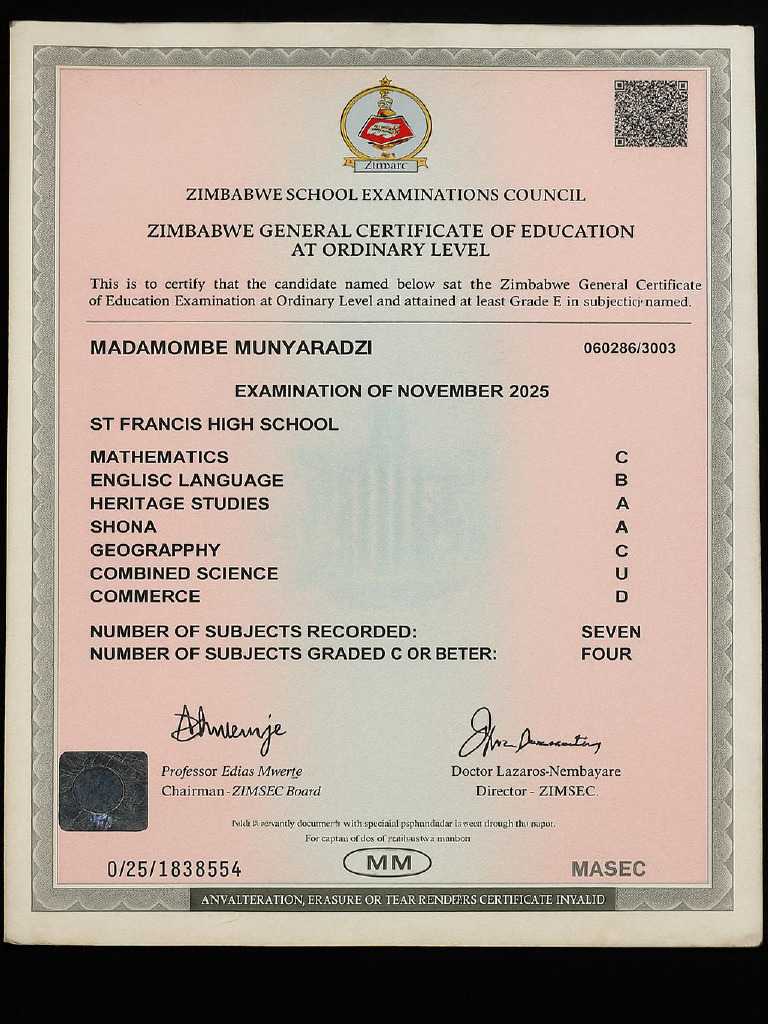 ZIMSEC Certificate Untouched Quality | PDF