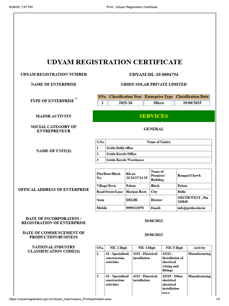 Gridx Solar Udyam Registration Certificate | PDF | Electricity ...
