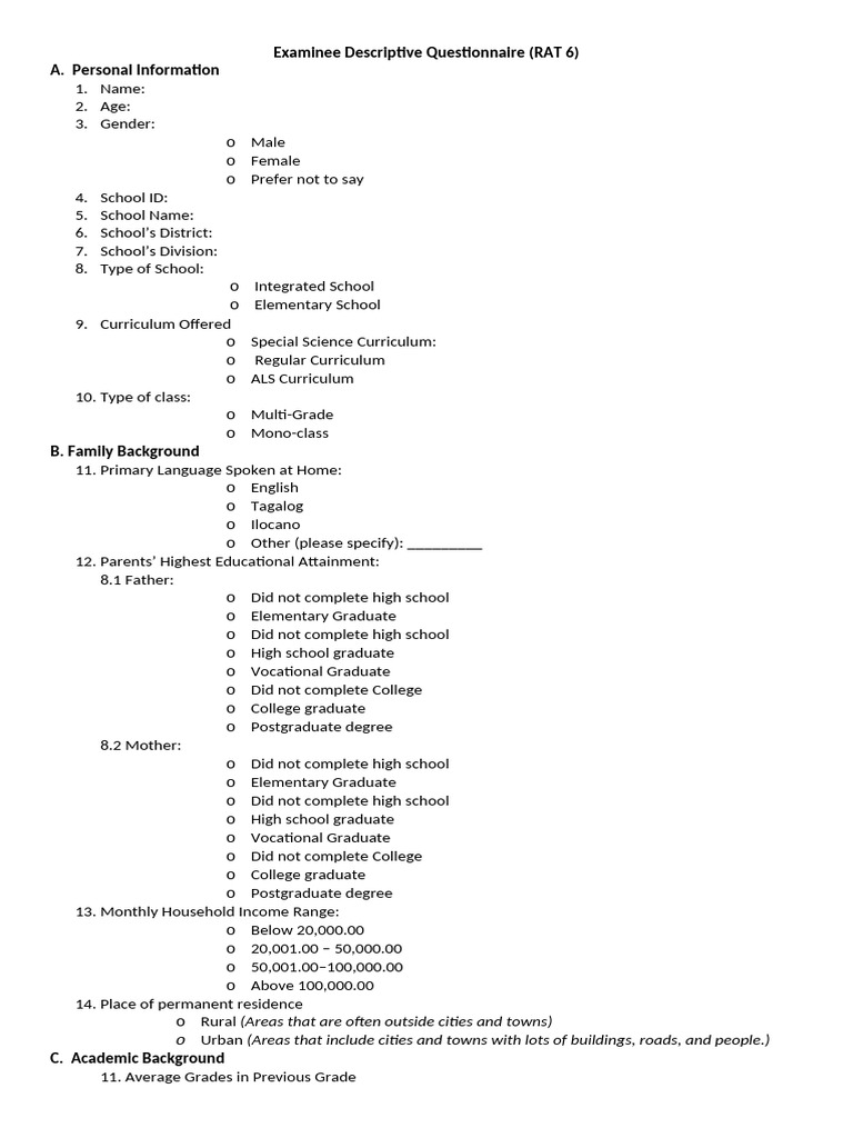 Examinee Descriptive Questionnaire Form | PDF