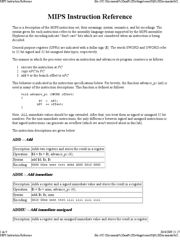 MIPS Instruction Reference | PDF | Mips Instruction Set | Instruction Set MIPS Instruction Reference | PDF | Mips Instruction Set | Instruction Set