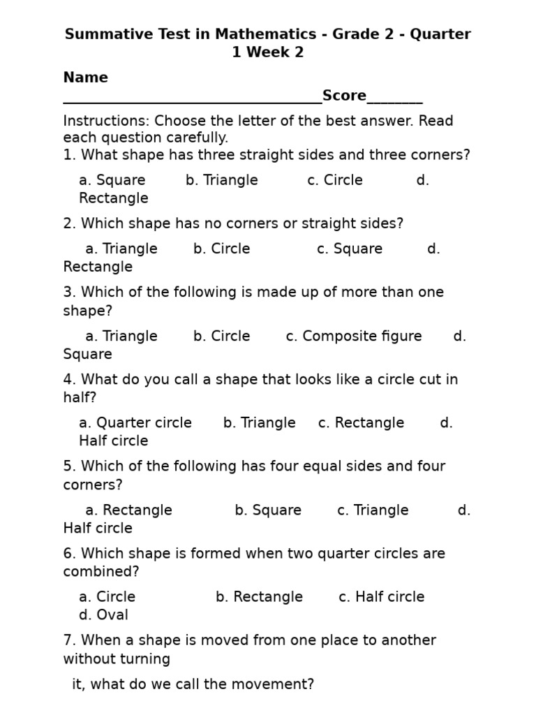 MATH Summative Test Q1W2 | PDF | Shape | Rectangle