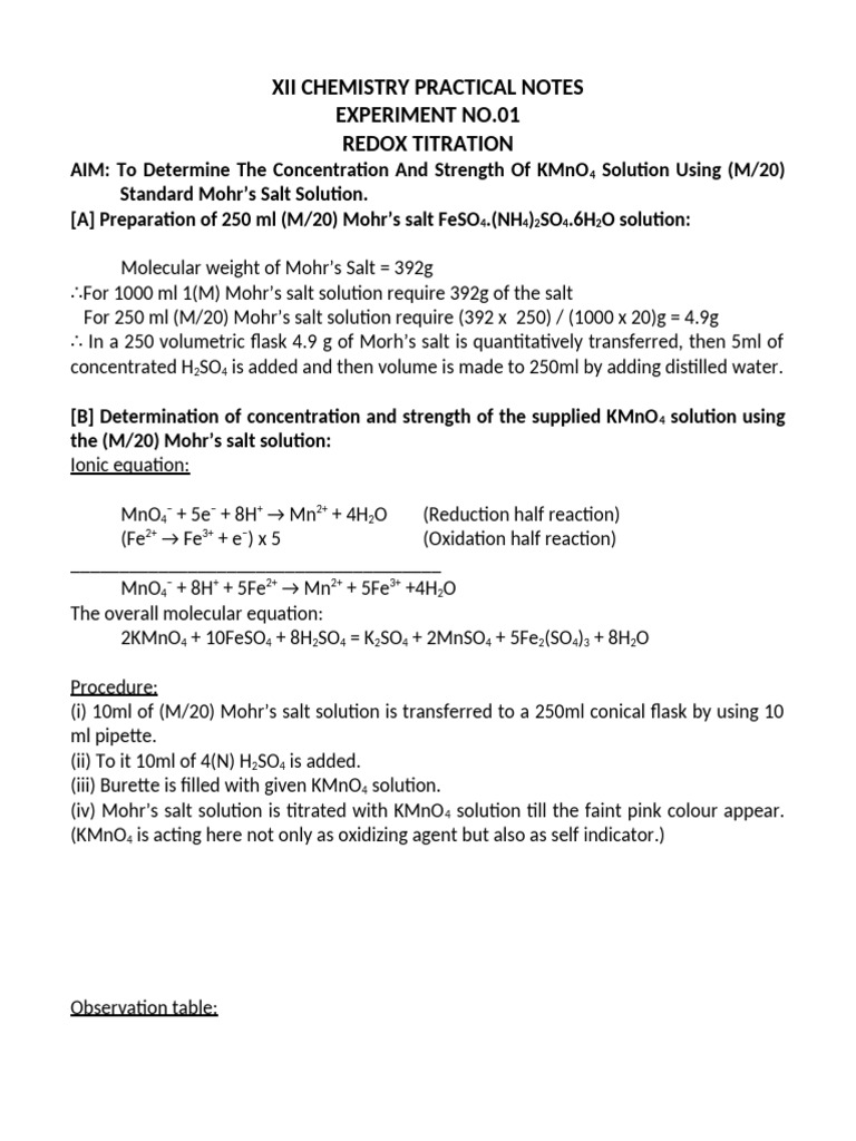 EXP 01 XII Mohr - S Salt Permanganate Titration | PDF