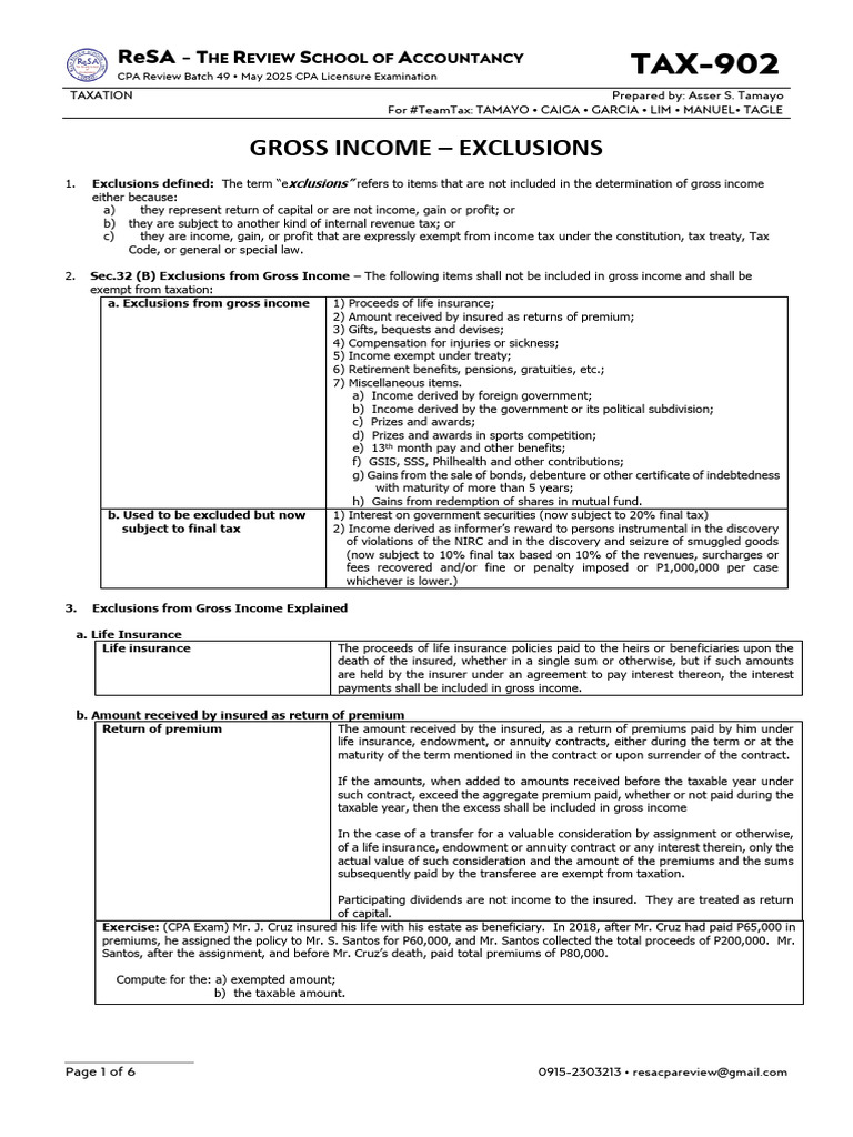 TAX-902 (Gross Income - Exclusions) | PDF | Life Insurance | Taxes