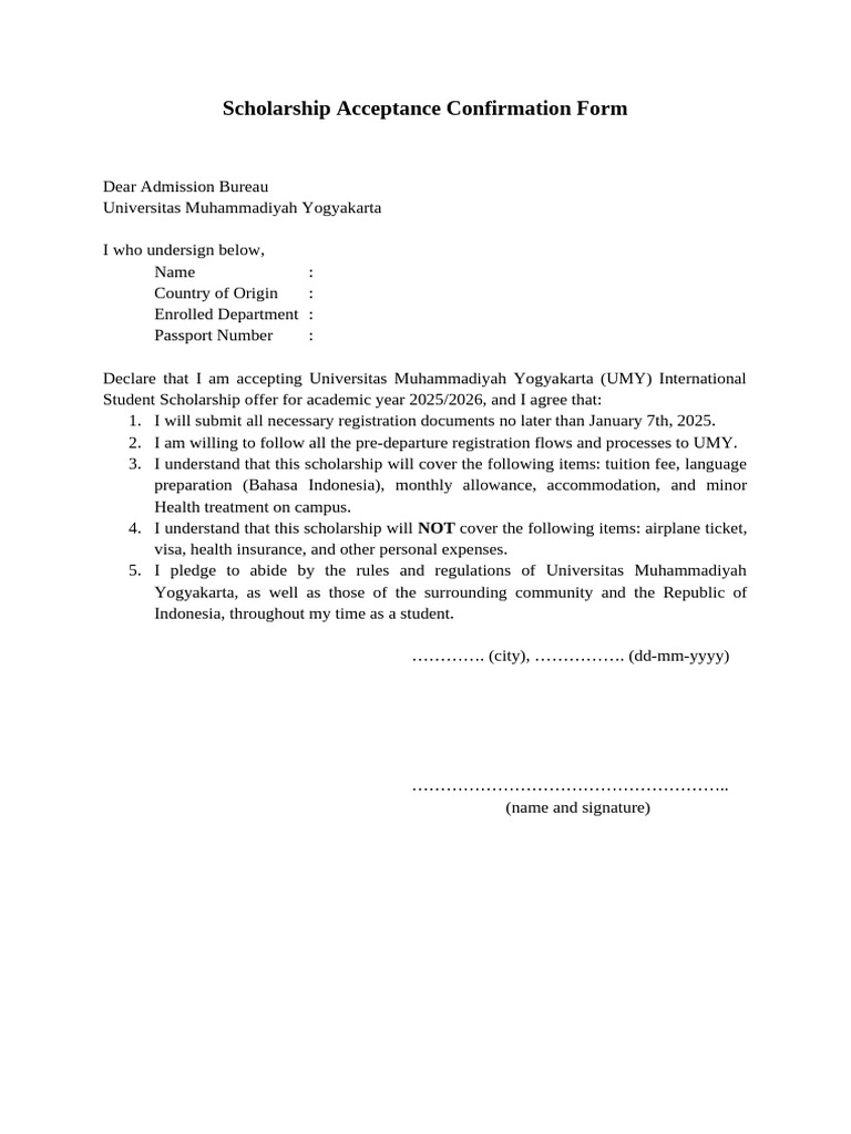 Scholarship Acceptance Confirmation Form | PDF