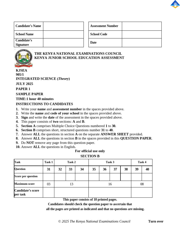 KJSEA Integrated Science Sample Paper | PDF | Water | Chemical Elements