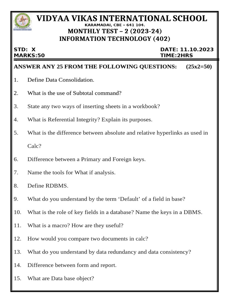 Vidyaa Vikas International School: Monthly Test - 2 (2023-24 ...
