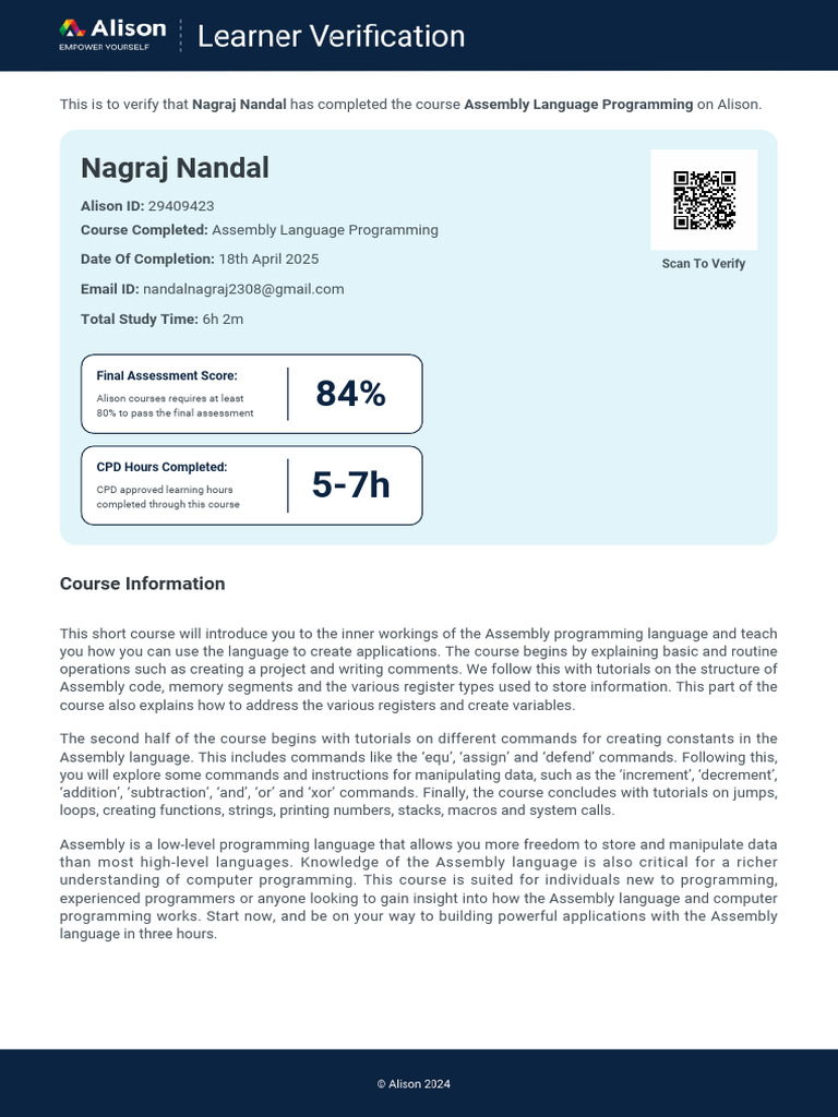 Alison Course Completion: Assembly Language | PDF